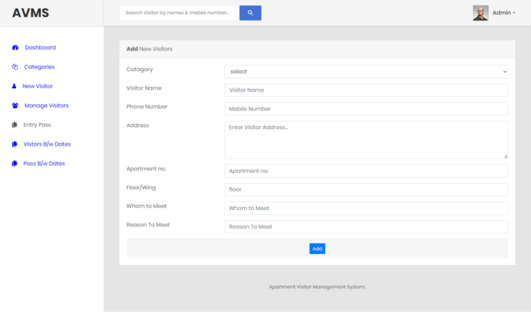 Apartment Visitors Management System using PHP and MySQL project