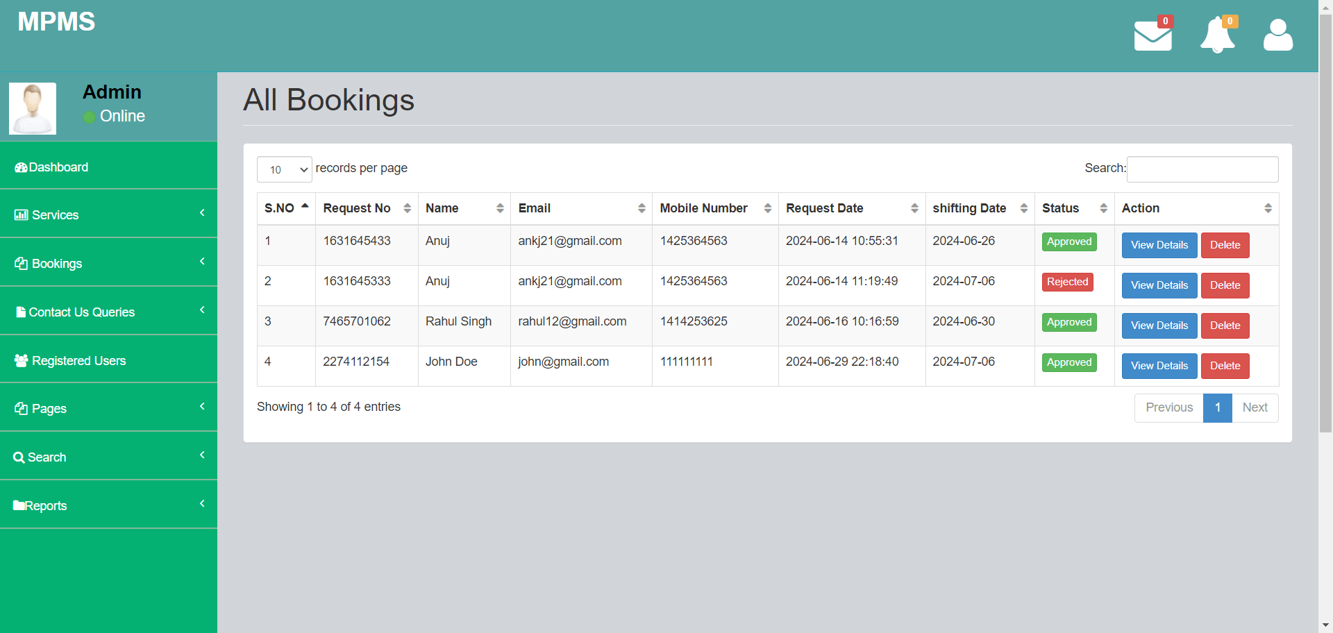 Movers and Packers Management System using PHP and MySQL