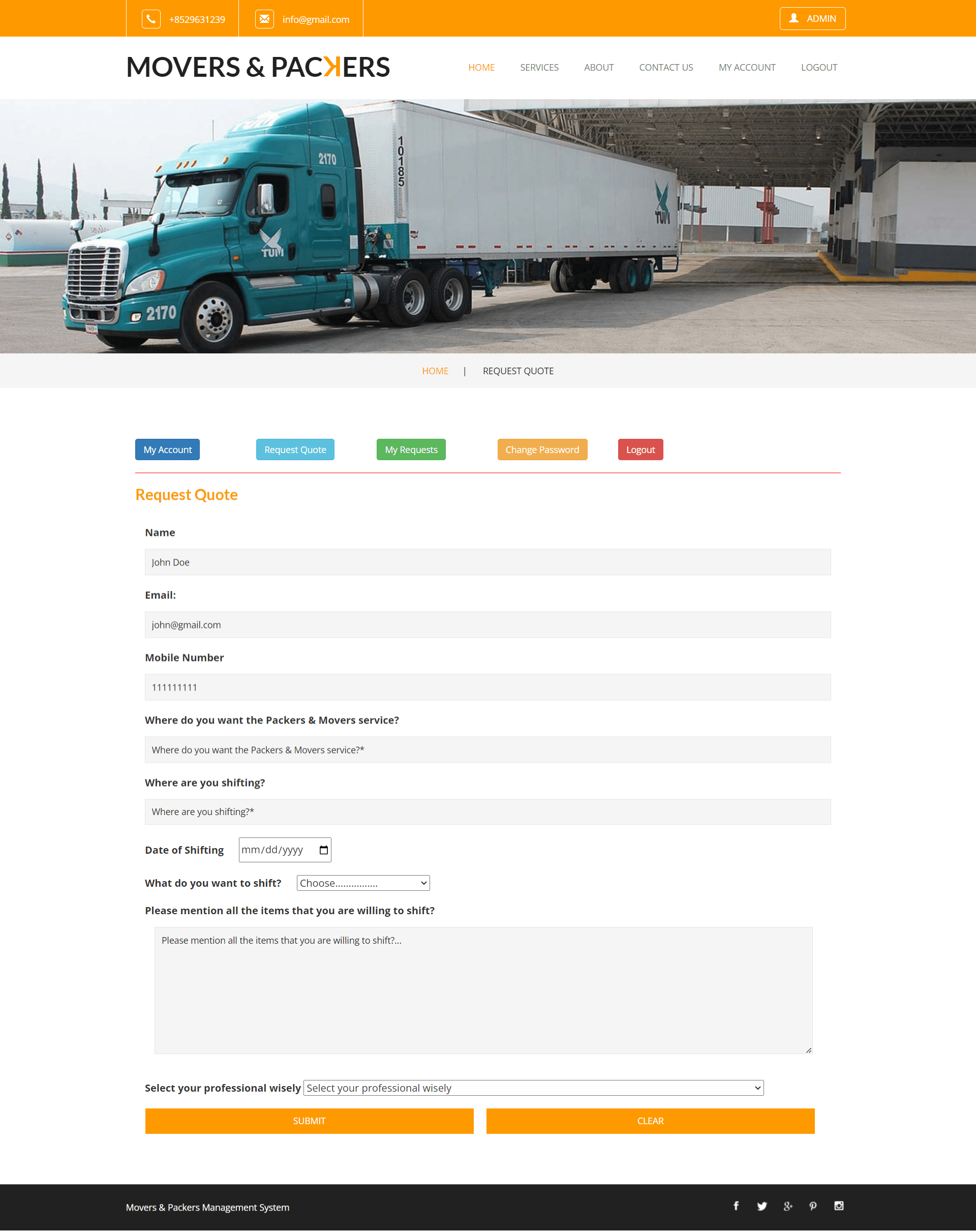 Movers and Packers Management System using PHP and MySQL