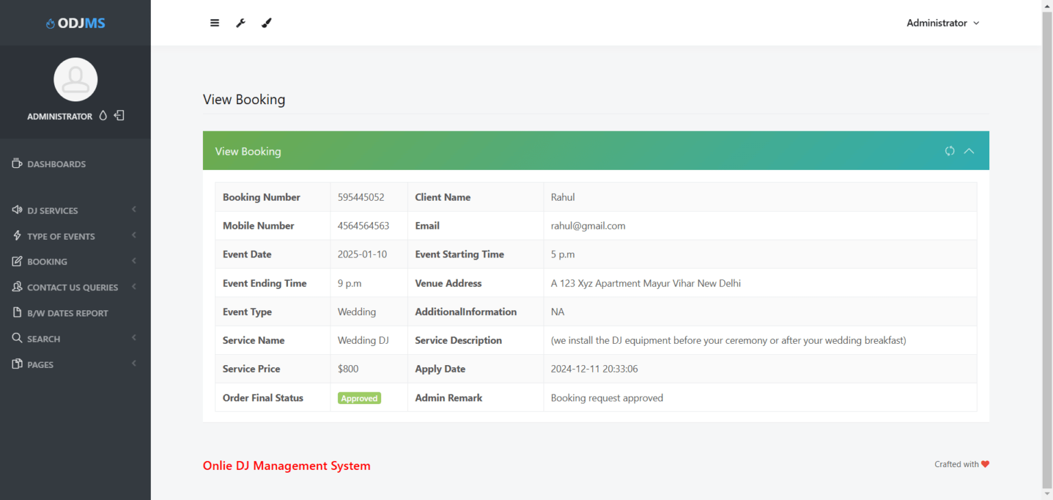 Online DJ Booking Management System Project Using PHP and MySQL