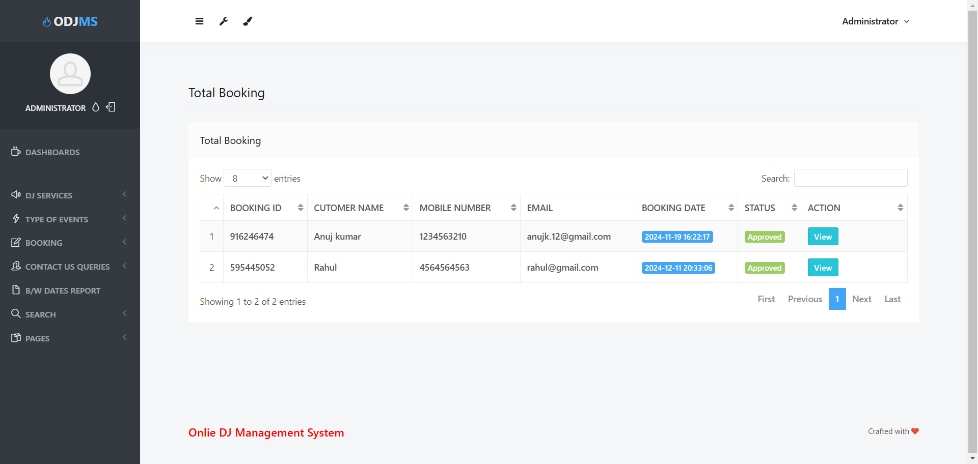 Online DJ Booking Management System Project Using PHP and MySQL