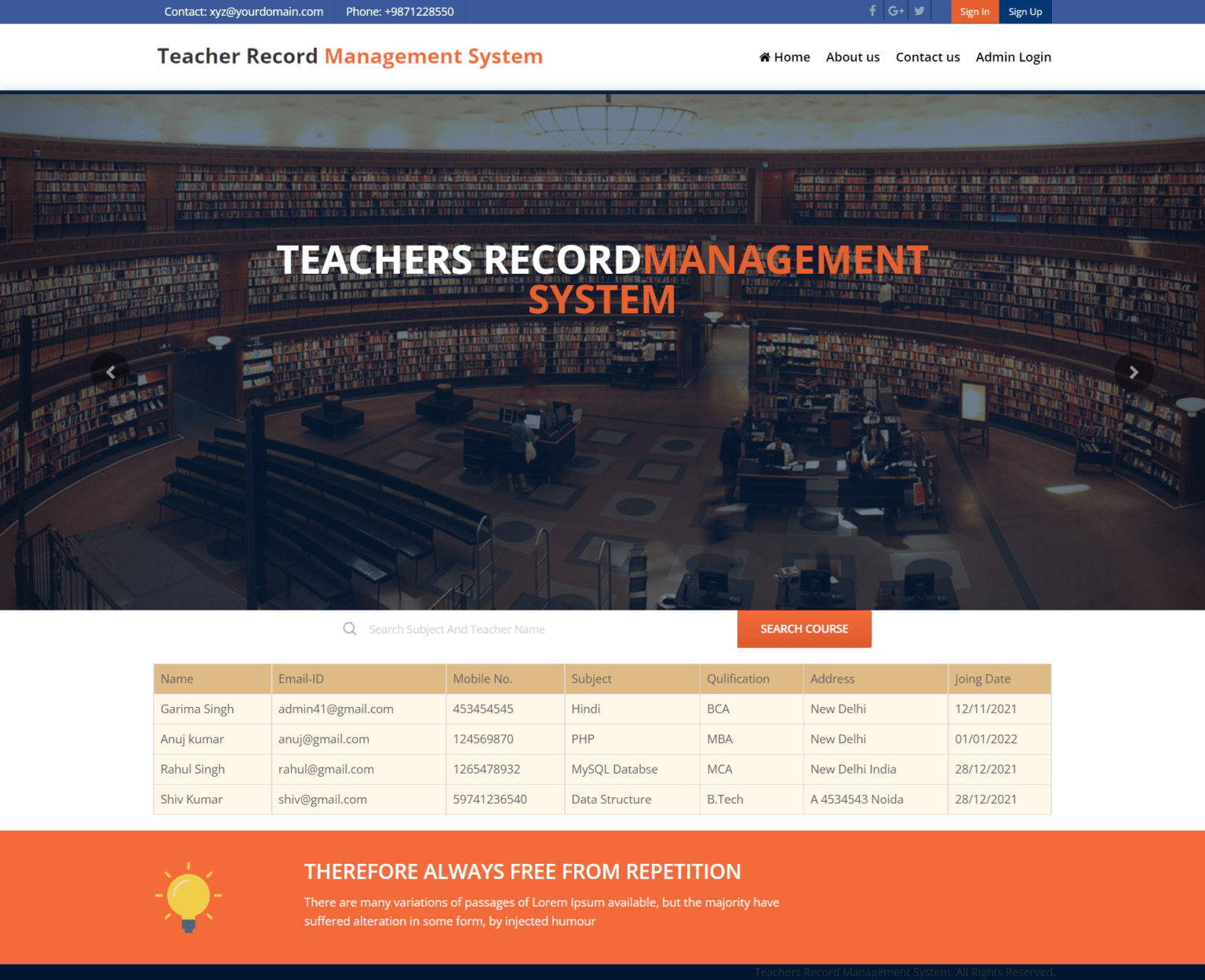 Teachers Record Management System Using C And SQL Server PHPGurukul