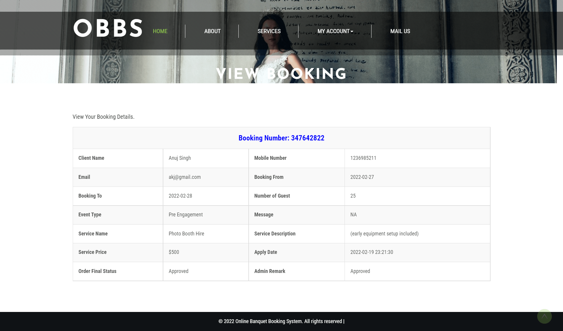 Online Banquet Booking System using PHP and MySQL - PHPGurukul