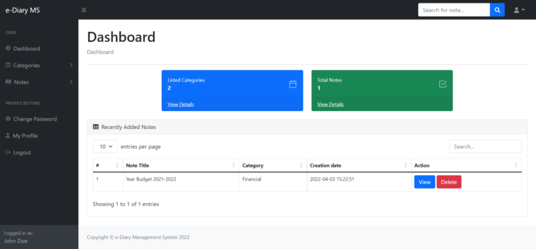 e-Diary Management System Project using PHP and MySQL - PHPGurukul