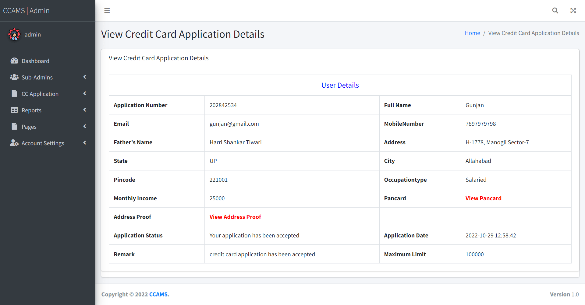 CREDIT CARD Application Management System Project in PHP