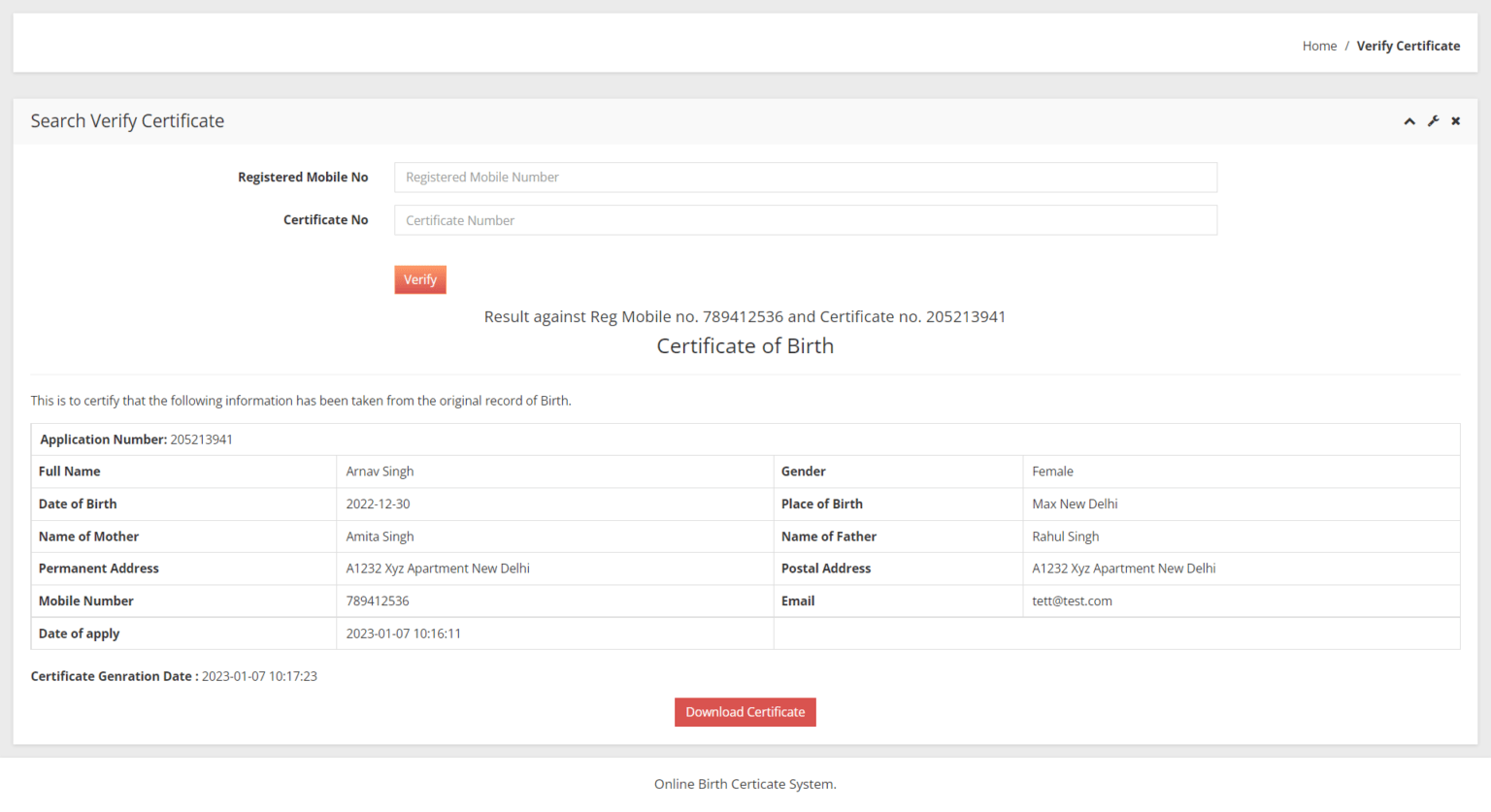 Online Birth Certificate System Project Using PHP and MySQ -PhpGurukul