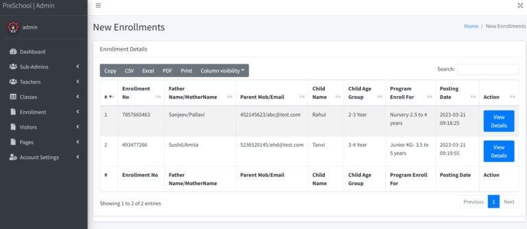 Pre-School Enrollment System in PHP | Pre-School Enrollment Project in PHP