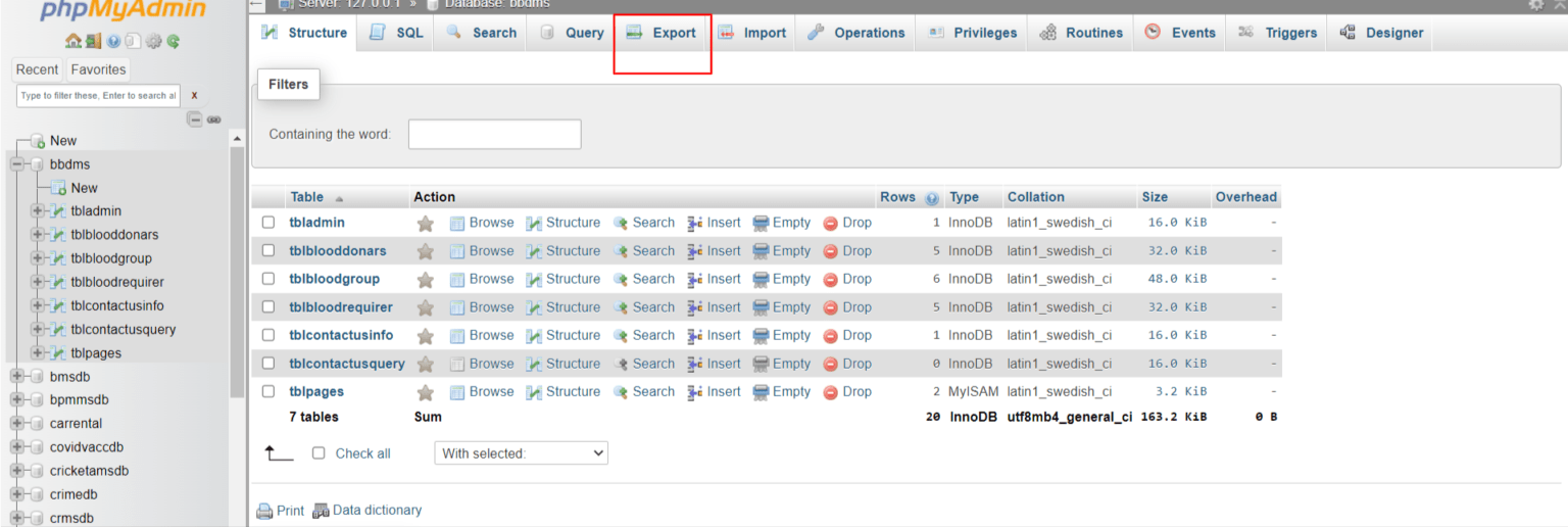 How to export the database in XAMPP - PHPGurukul