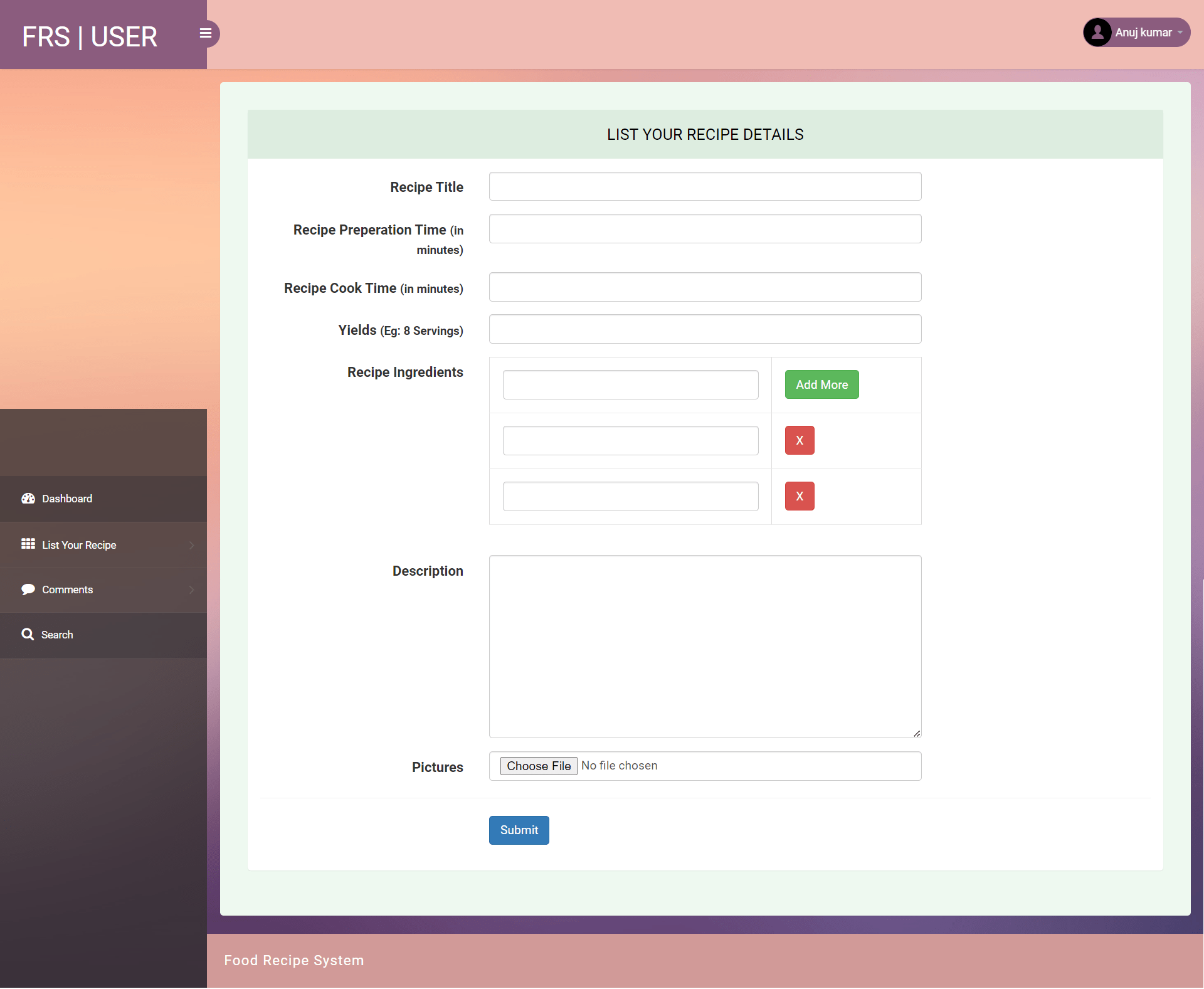 Online Food Recipe Management System Project Food Recipe System Project Phpgurukul