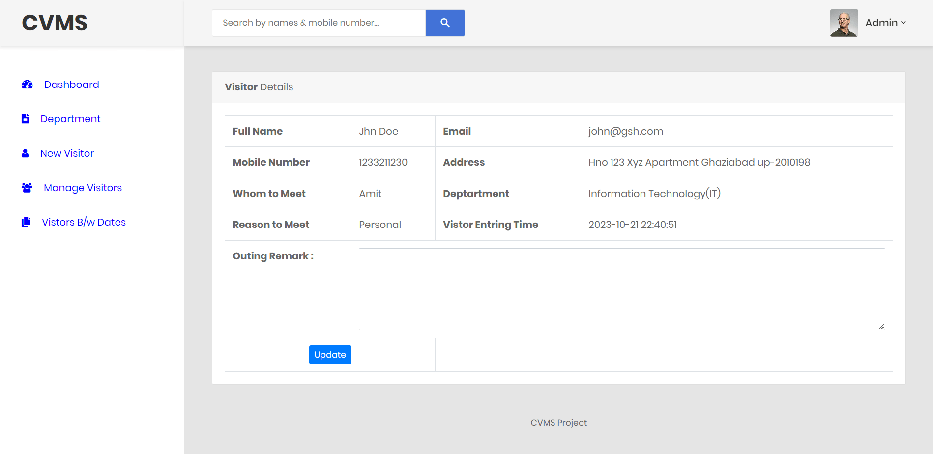 Company Visitors Management System using PHP and MySQL PHPGurukul