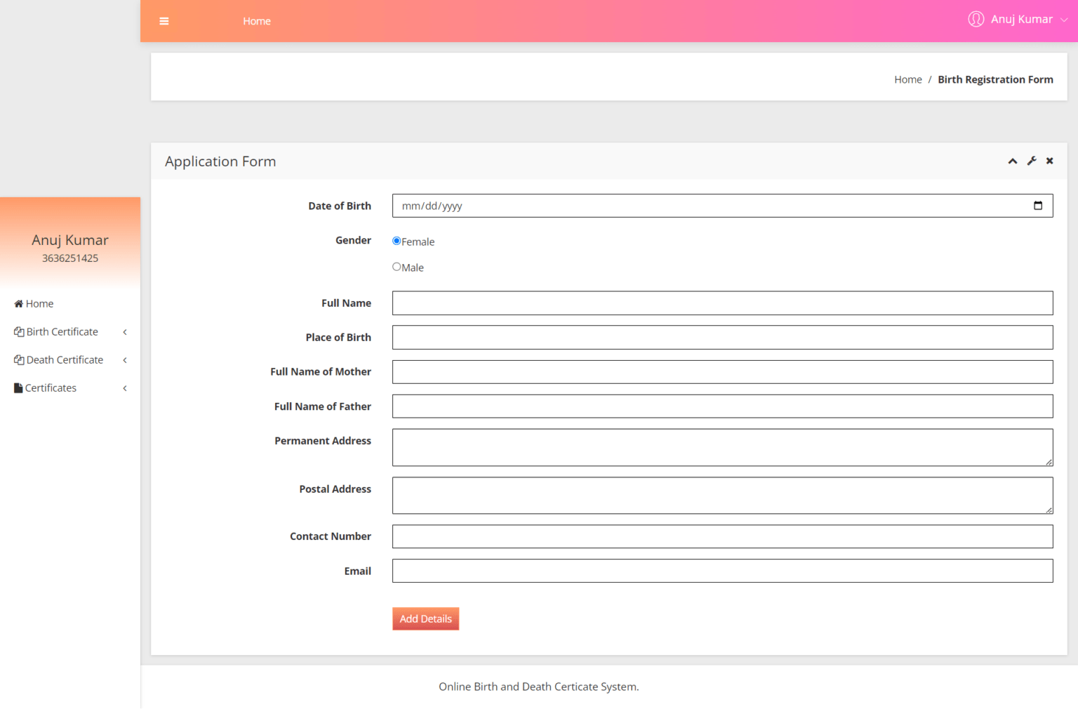 Online Birth and Death Certificate System project in Php