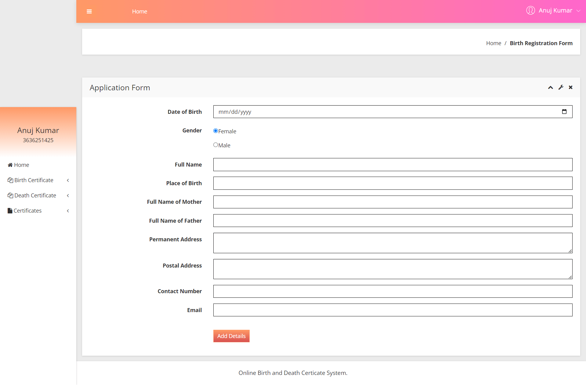 Online Birth and Death Certificate System project in Php