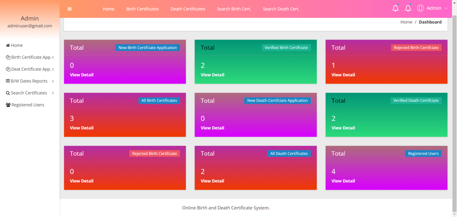 Online Birth and Death Certificate System project in Php