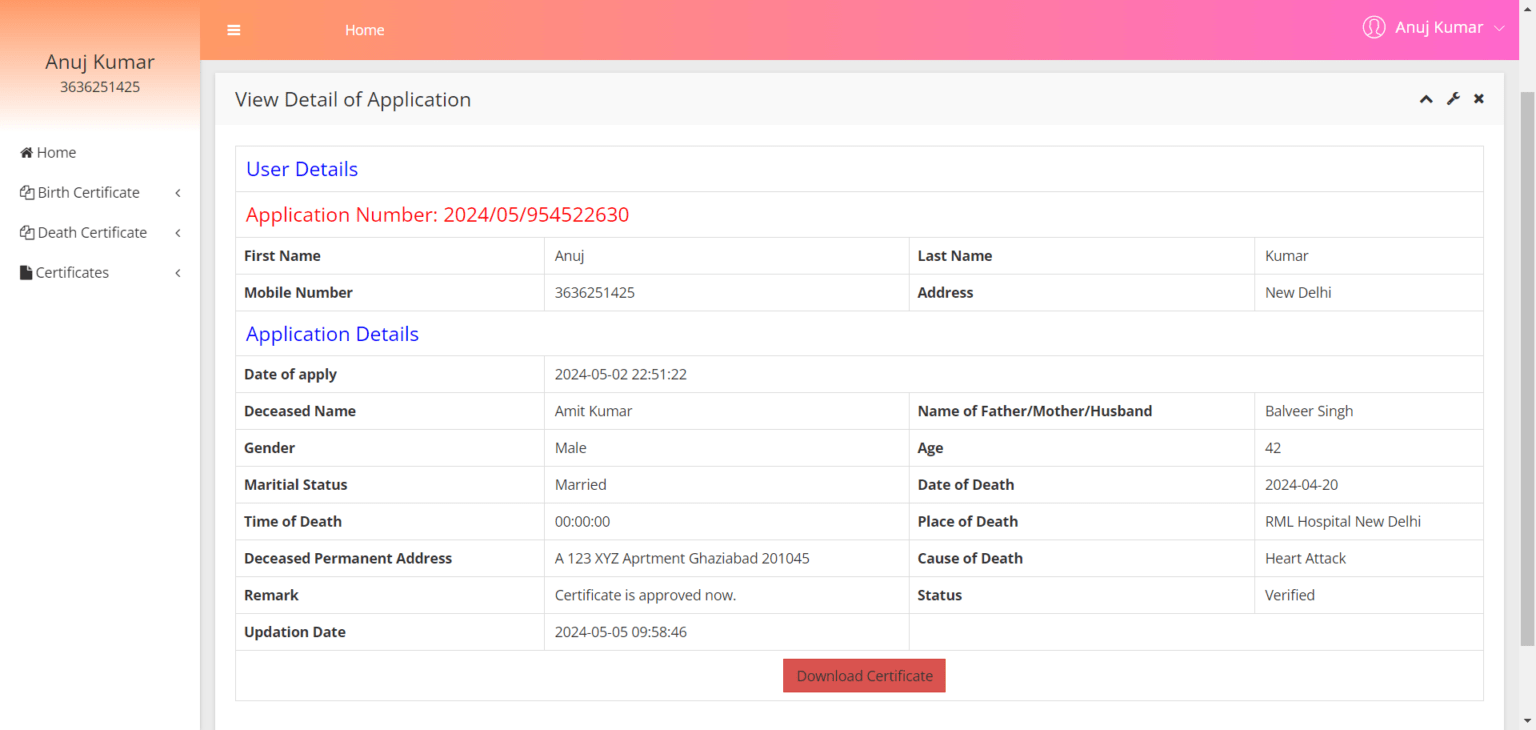 Online Birth and Death Certificate System project in Php