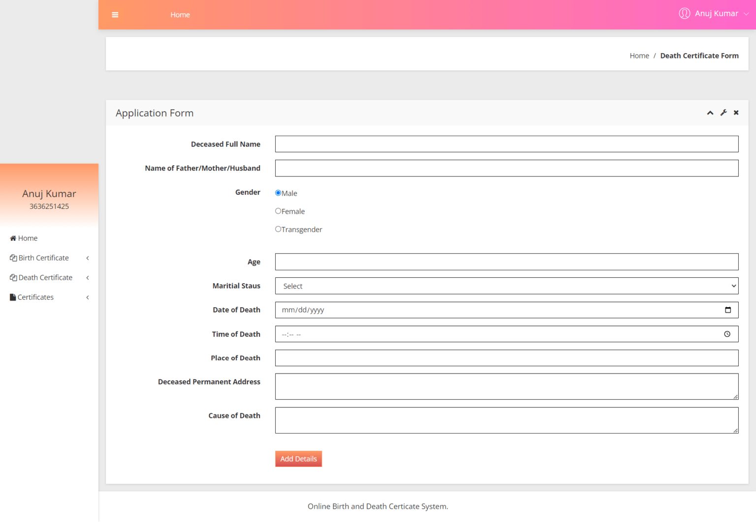 Online Birth and Death Certificate System project in Php