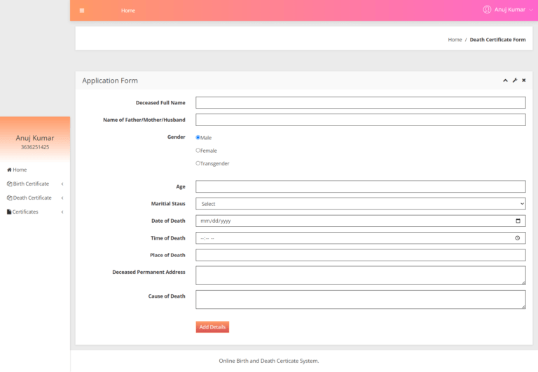 Online Birth and Death Certificate System project in Php