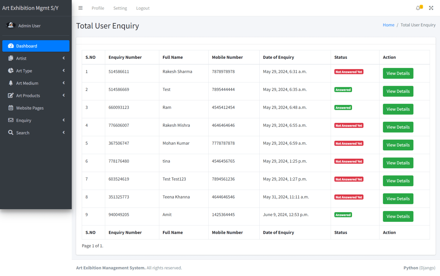 Art Exhibition Management System Project using Python Django and MySQL