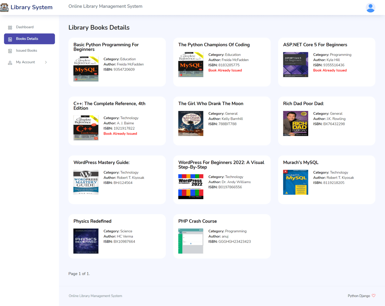 Online Library Management System Project using Python Django and MySQL- PHPGurukul