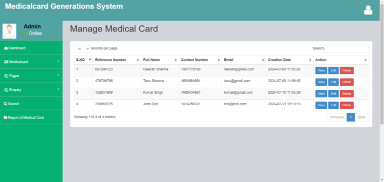 Medical Card Generation System Project using PHP and MySQL- PHPGurukul