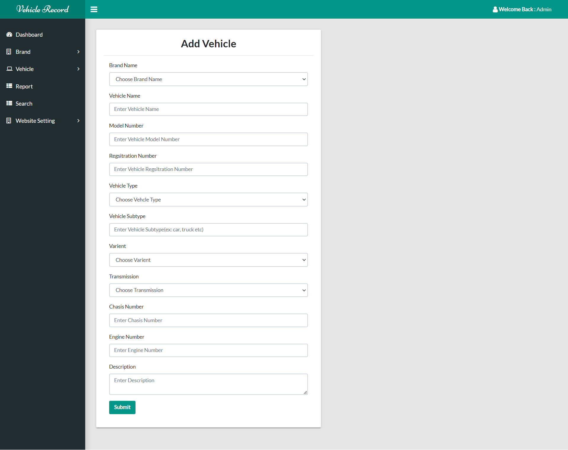 Vehicle Record Managment System Project Using Php And Mysql Phpgurukul