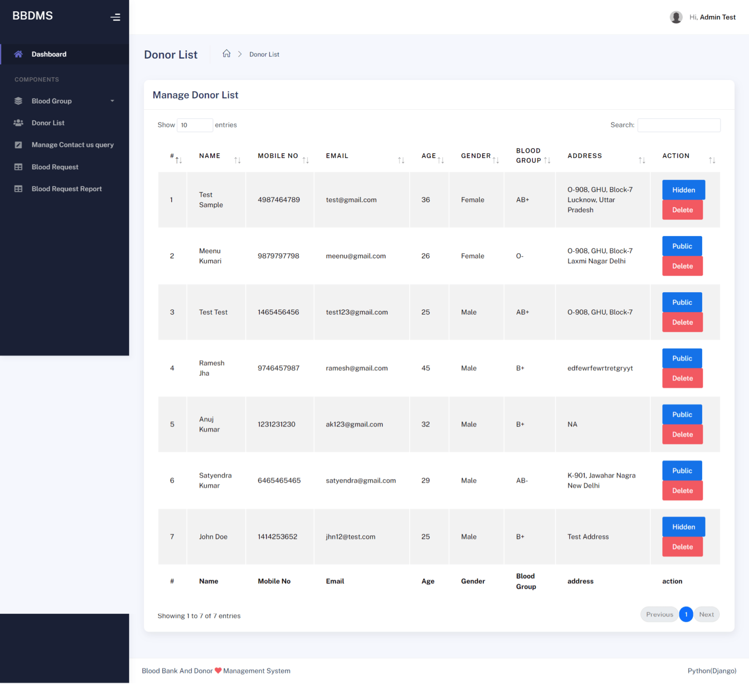 Blood Bank and Donor Management Sysytem Project using Python Django PHPGurukul