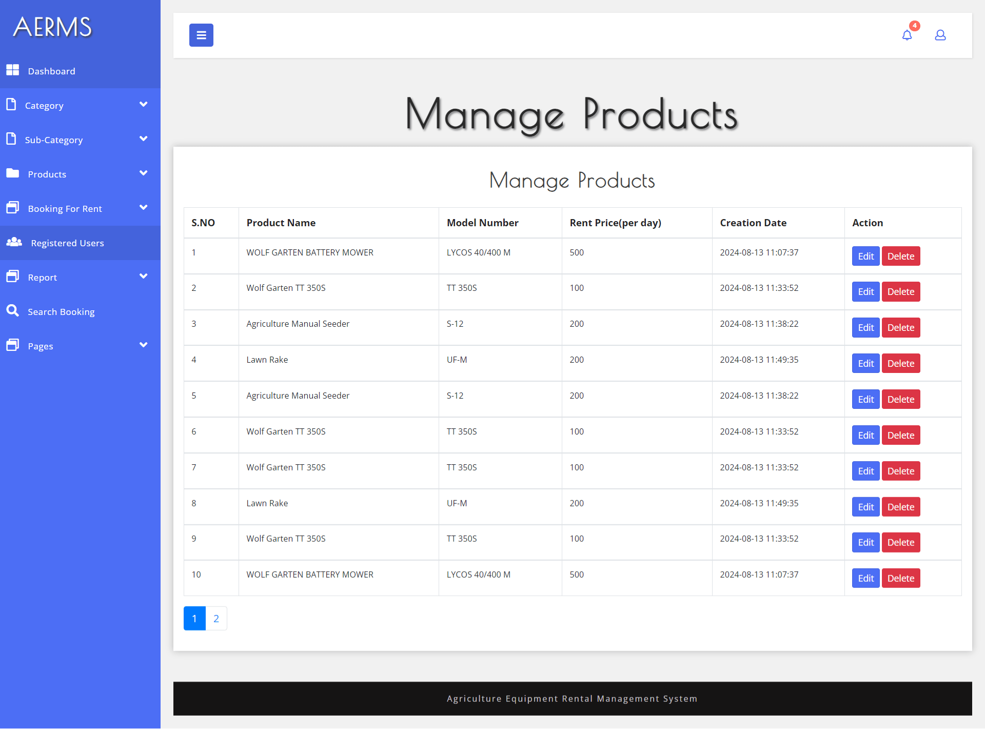 Agriculture Equipment Rental Management system Project in PHP