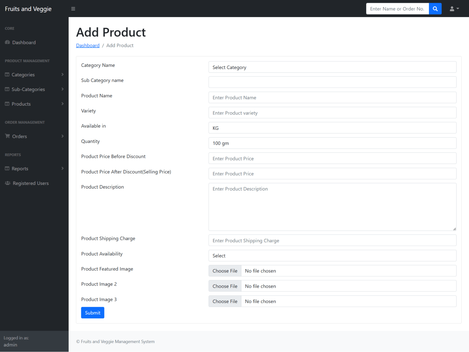 Fruits and Vegetables Shop Management System using PHP - PHPGurukul