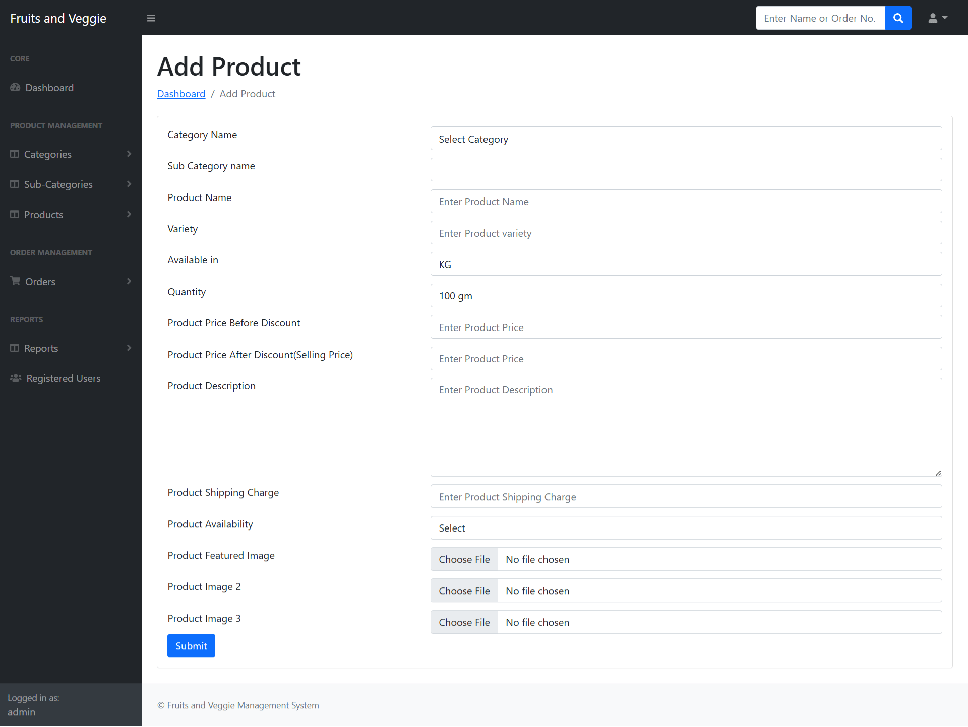 Fruits and Vegetables Shop Management System using PHP - PHPGurukul