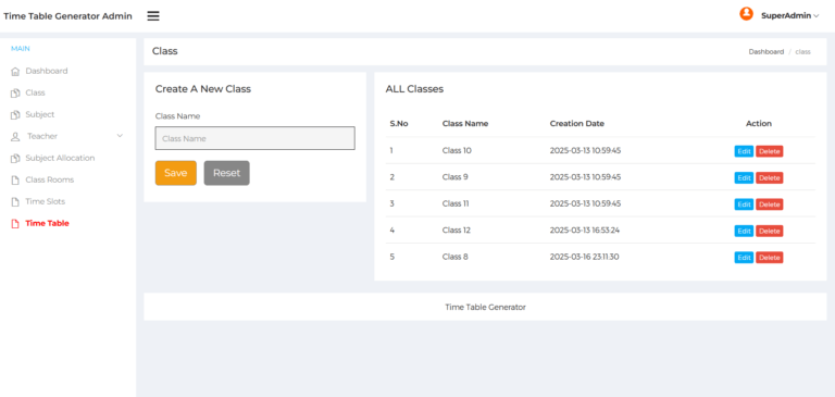 Time Table Generator System Project - PHPGurukul
