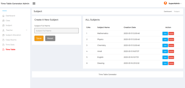 Time Table Generator System Project - PHPGurukul