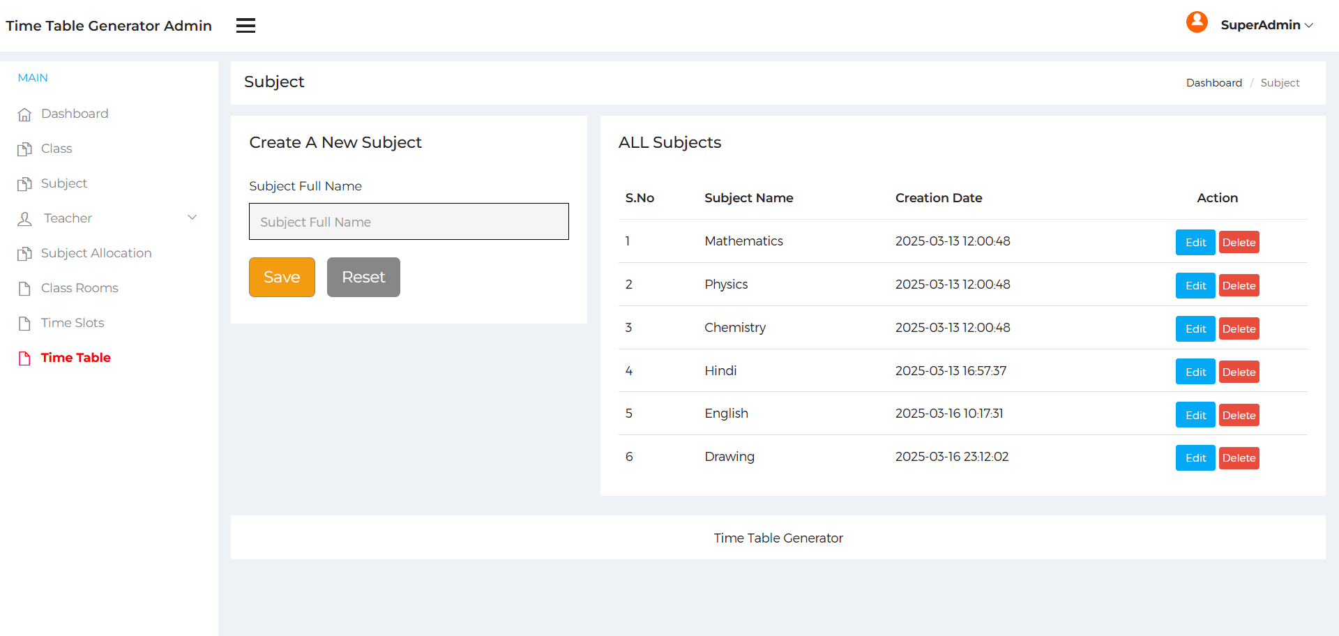 Time Table Generator System Project - PHPGurukul
