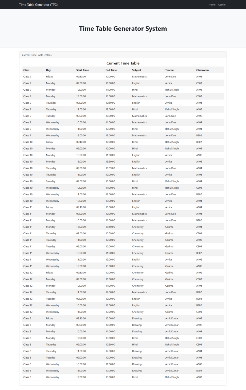 Time Table Generator System Project - PHPGurukul